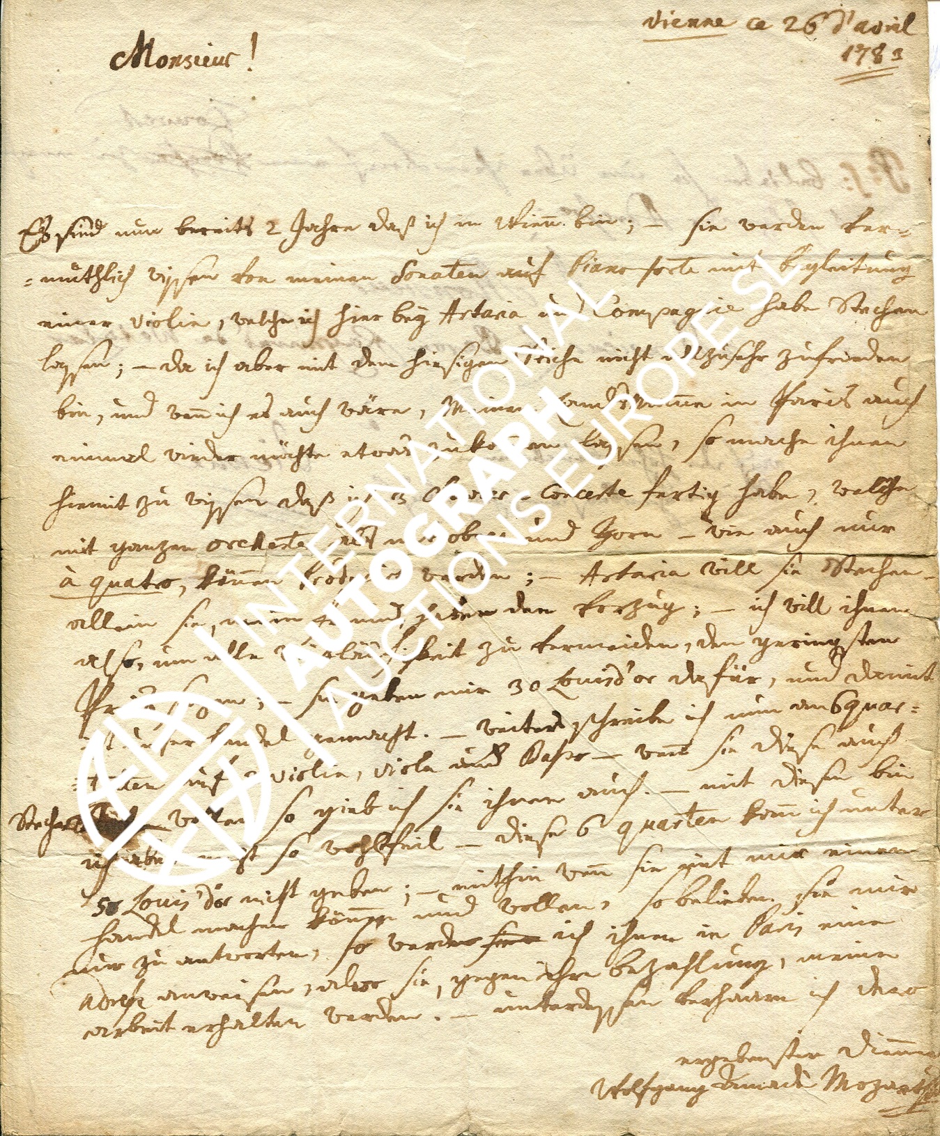 Handgeschreven brief van Mozart geveild voor 440.000 euro | historianet.nl